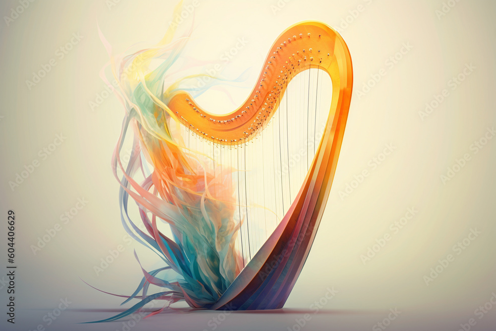 A digital illustration of a harp, with ethereal colors and delicate ...