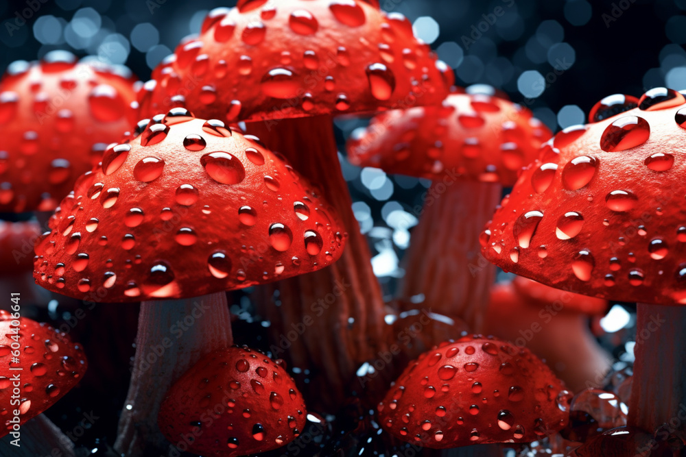 A close-up photograph of a cluster of vibrant red mushrooms, with ...