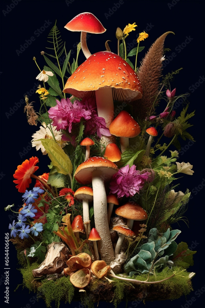 A collage artwork combining photographs of mushrooms with botanical ...