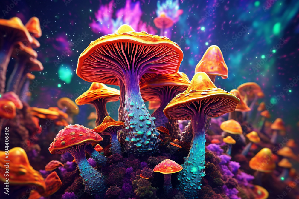 A digital rendering of psychedelic mushrooms, with vibrant and surreal ...