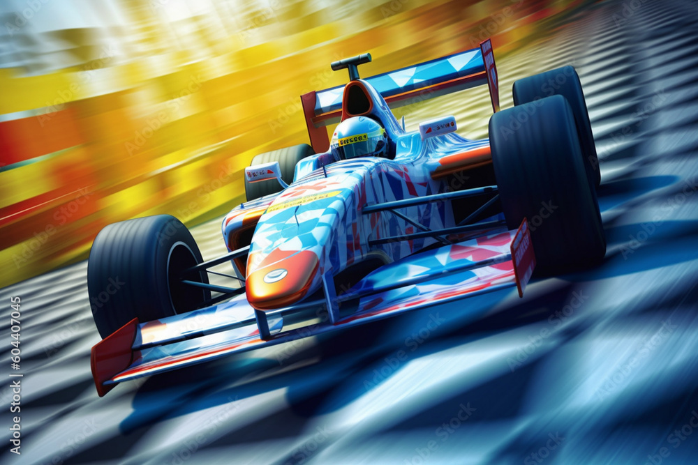 An illustration depicting a racing car zooming past a checkered flag ...