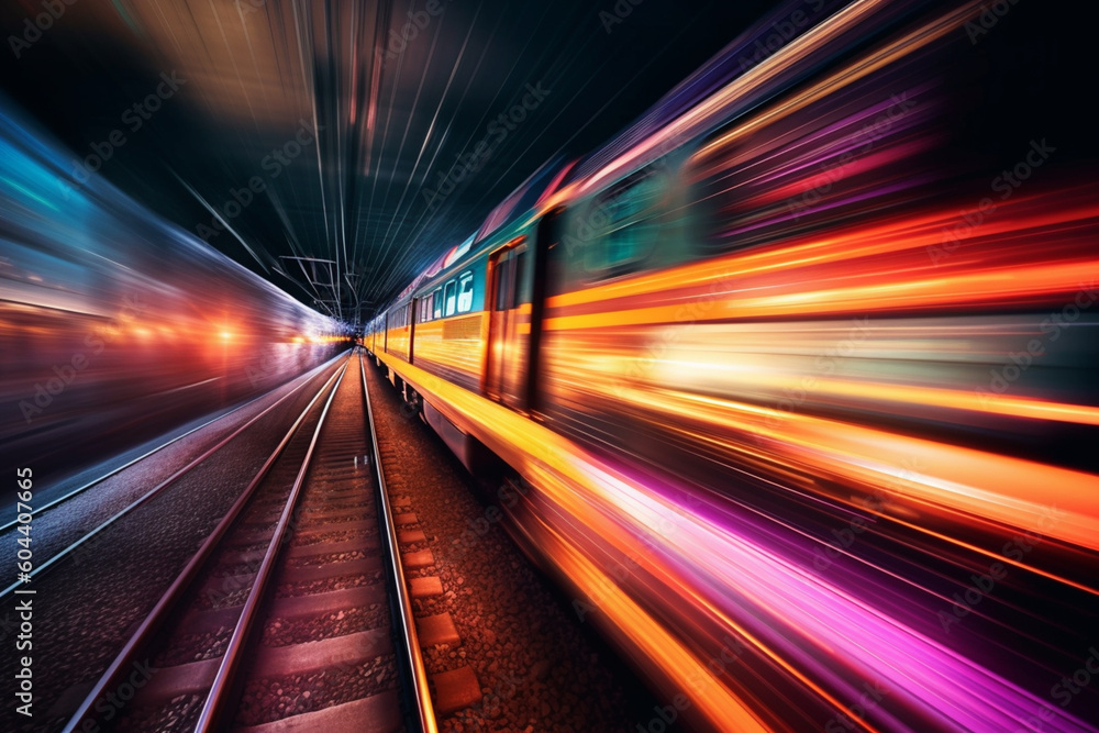 A time-lapse photograph capturing the movement of a train at night ...