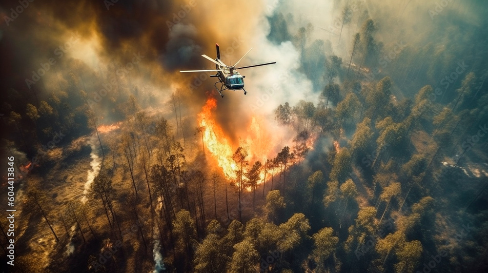 A helicopter flies over a forest fire with flames in the background ...