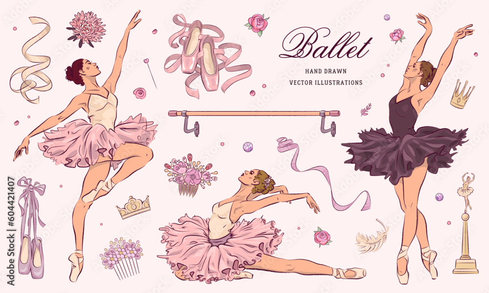 Hand drawn sketch ballet set. Vector illustration of ballerina and ...