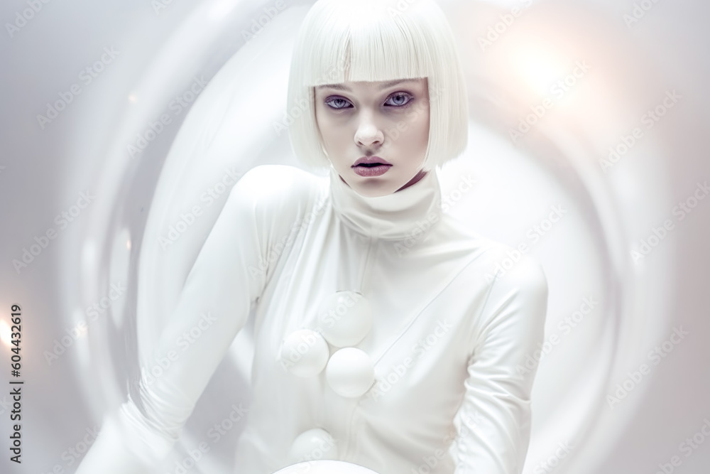 Cyborg doll living in a bubble young woman or doll in futuristic style ...