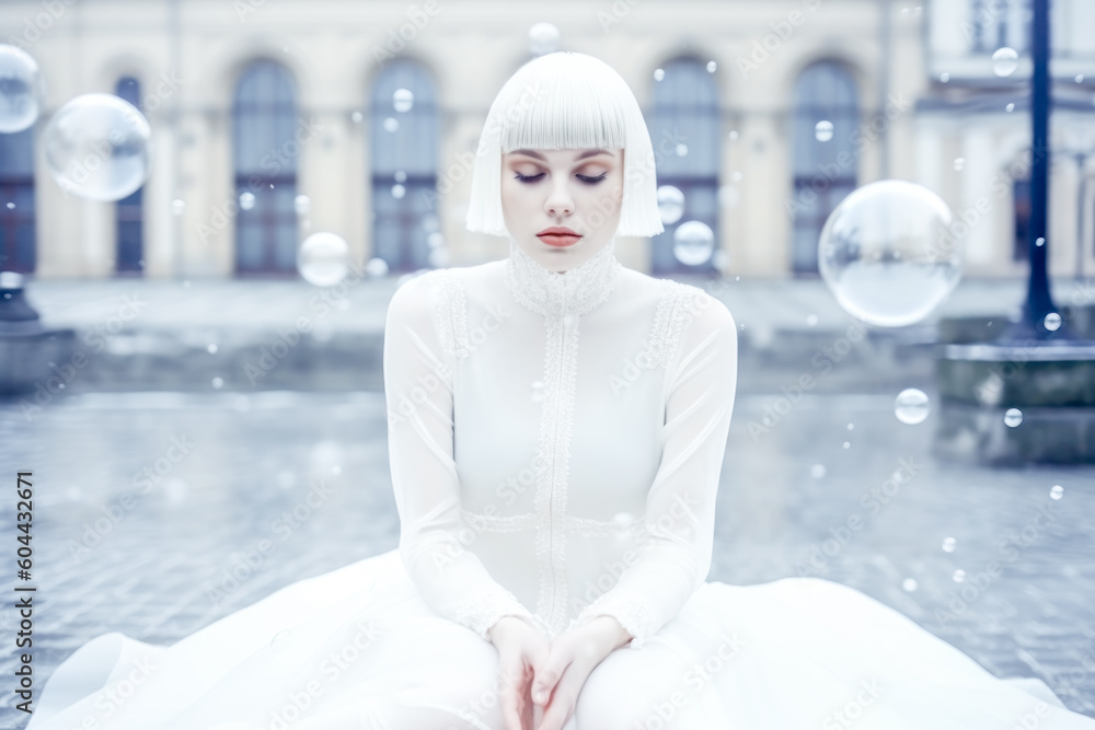 Cyborg doll living in a bubble young woman or doll in futuristic style ...