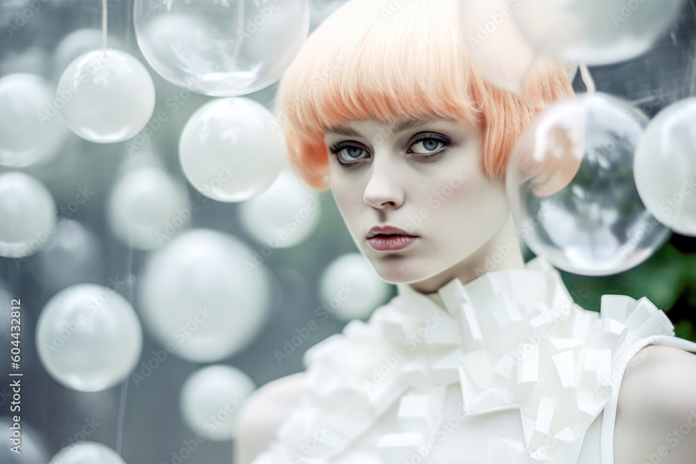 Cyborg doll living in a bubble young woman or doll in futuristic style ...