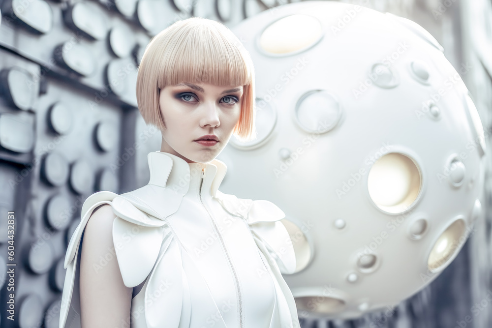 Cyborg doll living in a bubble young woman or doll in futuristic style ...