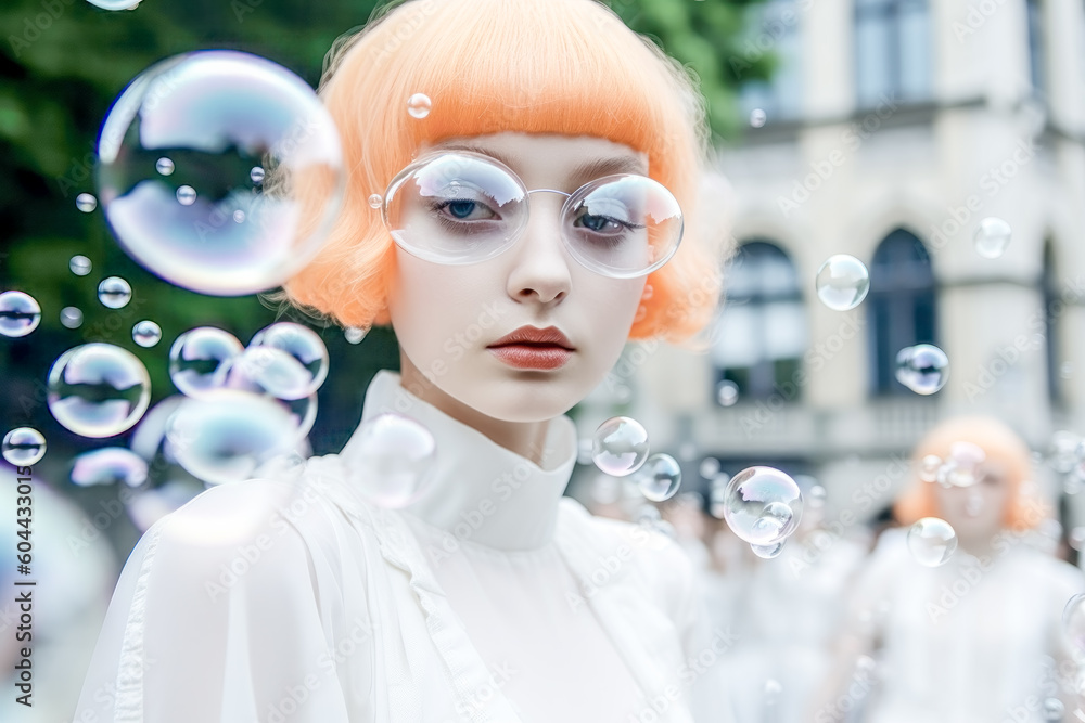 Cyborg doll living in a bubble young woman or doll in futuristic style ...