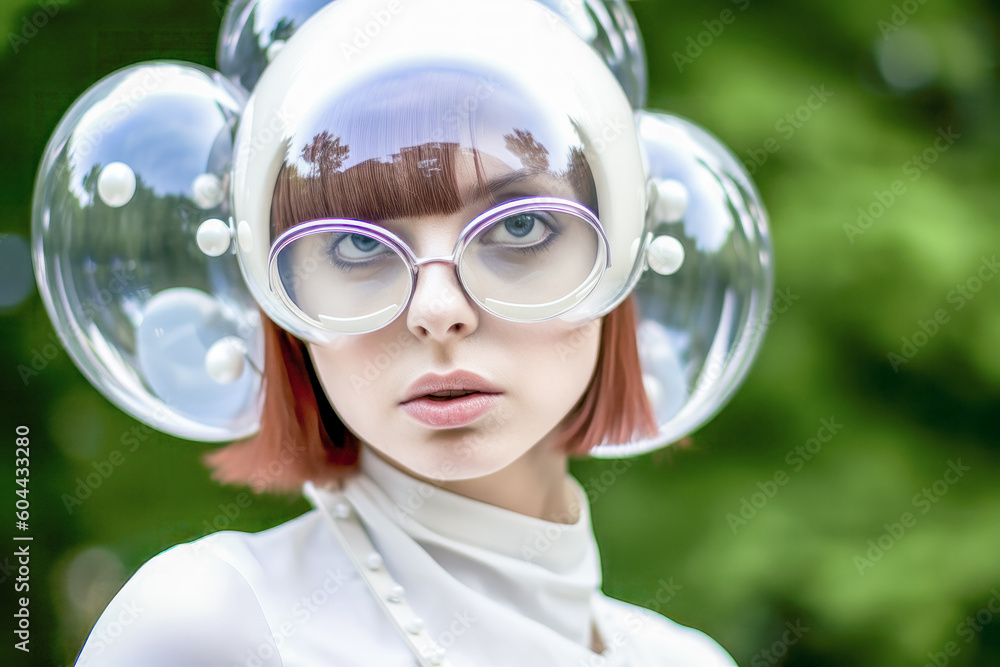 Cyborg doll living in a bubble young woman or doll in futuristic style ...