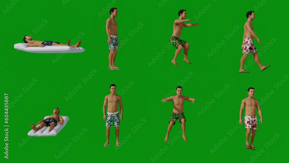 3d people on green screen animated man by beach and swimming pool ...