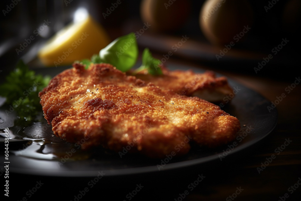 Tasty and crispy chicken schnitzel product photography with natural ...