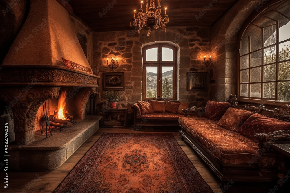 Cozy fireplace in an exquisite room of a medieval castle. Ai generated ...
