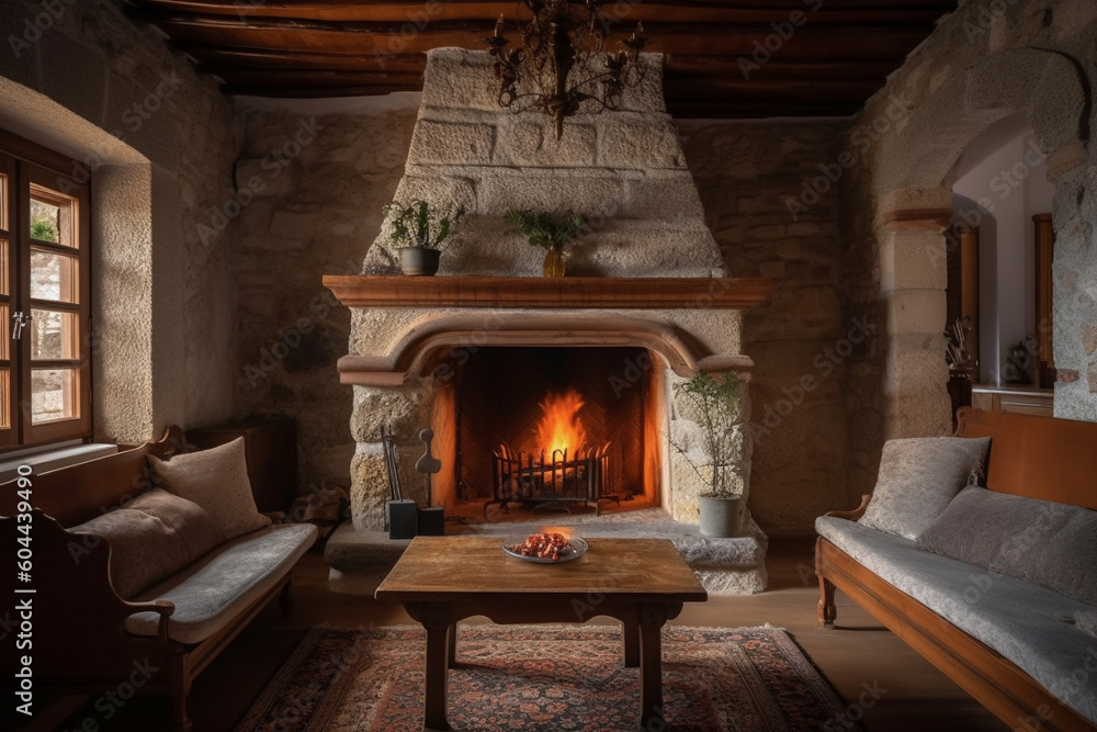 Cozy fireplace in an exquisite room of a medieval castle. Ai generated ...