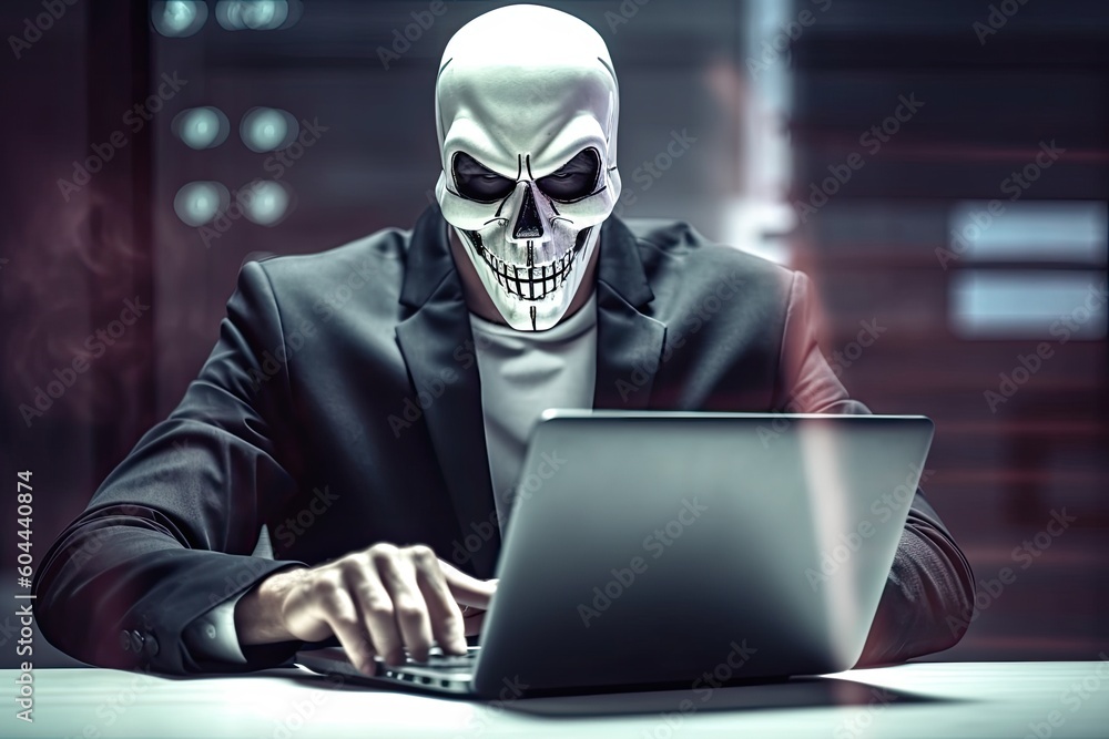 hacker stealing data . Anonymous robot hacker with skull mask typing computer laptop. Concept of ...