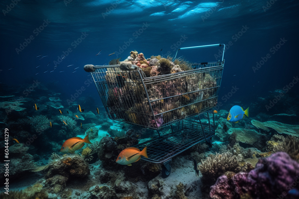 Ilustrace „Environmental impact of overfishing symbolized by shopping ...