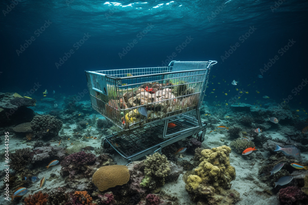 Shopping cart underwater on top of coral reef showing environmental ...