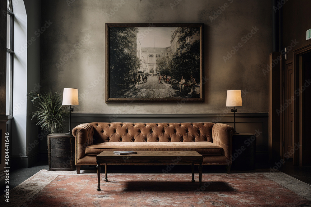 Mockup photo of big picture frame behind a couch in living room ...