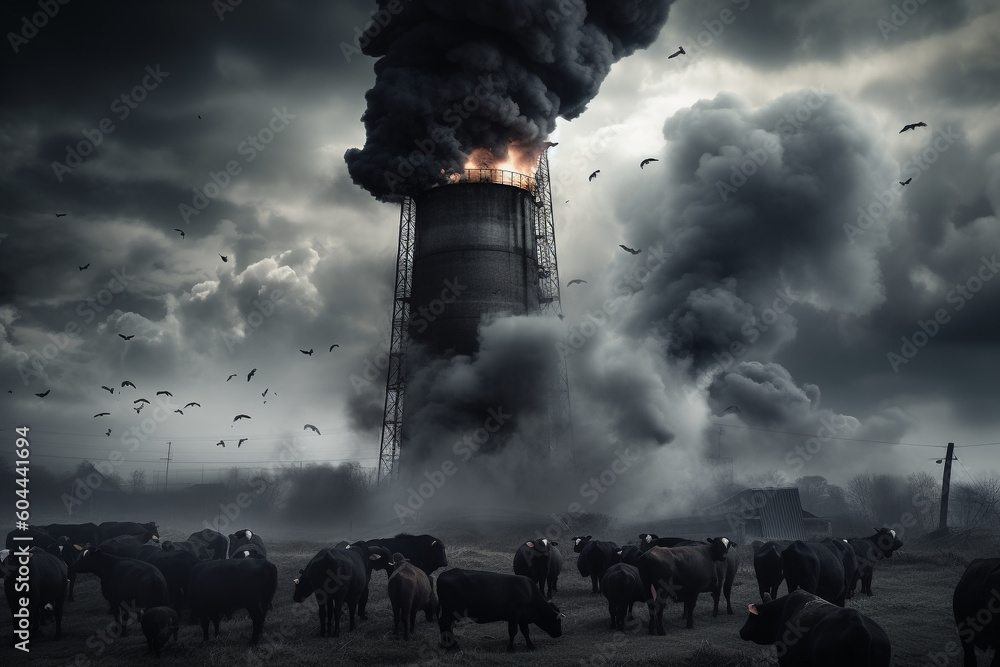 Factory farming showing air pollution and animal suffering - Generative ...