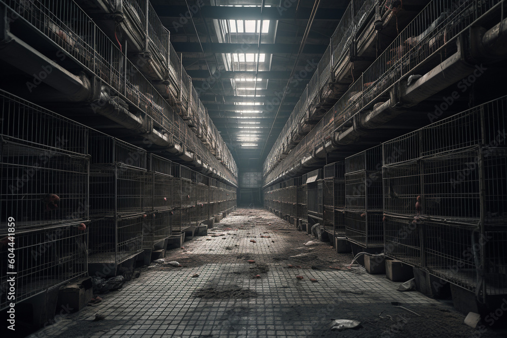 Dark side of factory farming represented by dying animals in dark room ...