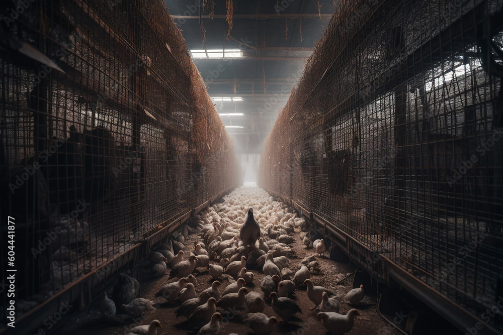 Dark side of factory farming represented by dying animals in dark room ...