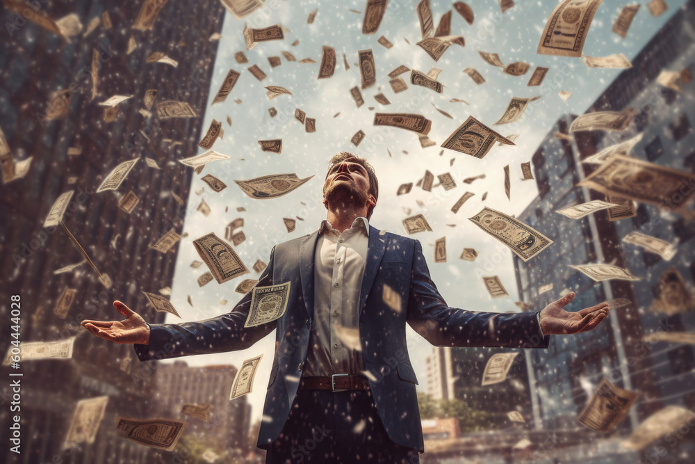 Happy successful man standing under money rain. A lot of dollar ...