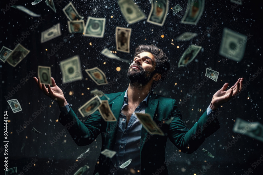 Happy successful man standing under money rain. A lot of dollar ...