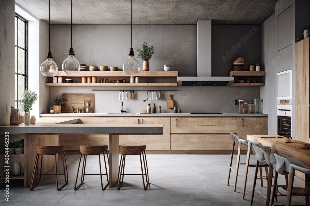 Kitchen interior in gray and white with a concrete floor, white ...