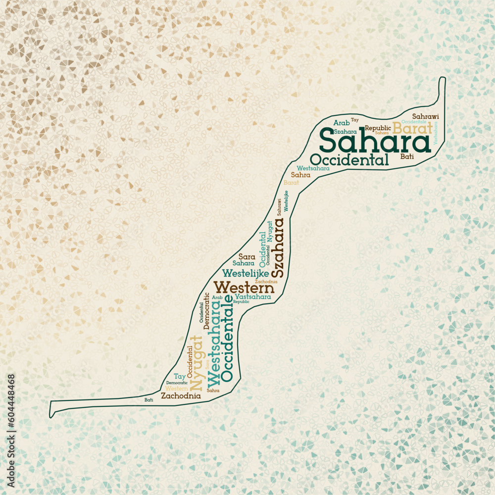 Poster Western Sahara shape with country names word cloud in multiple ...