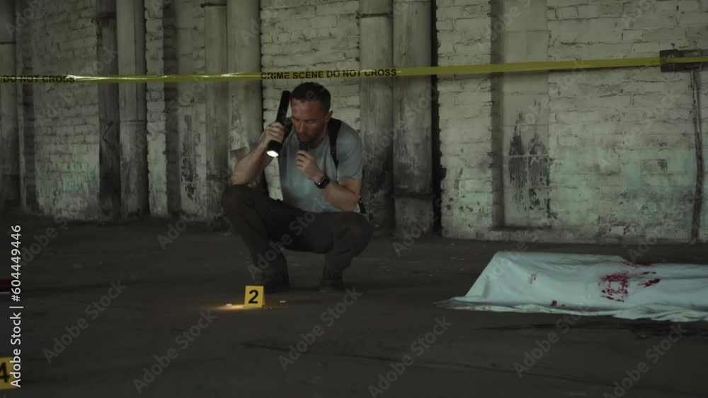 Full shot of male detective with torch walking around murder scene ...