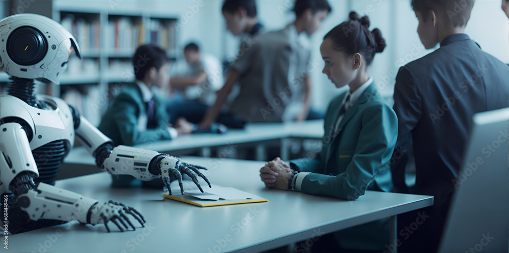 Robot in class, working with students, classroom, learning, future ...