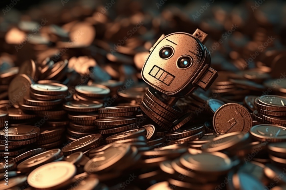 AI Generated pile of cooper coins head robot symbol on the coins side ...