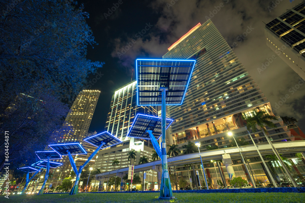 Modern urban street neon illumination with solar photovoltaic panels ...