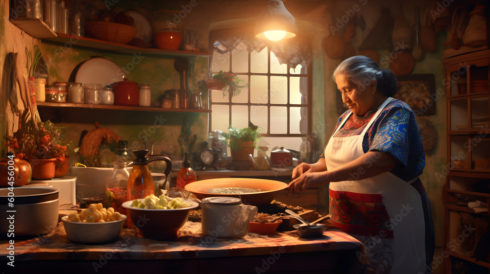 Abuela latina cocina feliz para su familia en su cocina con motivos ...