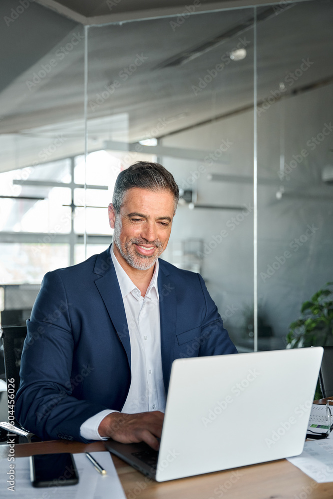 Happy middle aged business man ceo wearing blue suit sitting at desk in ...
