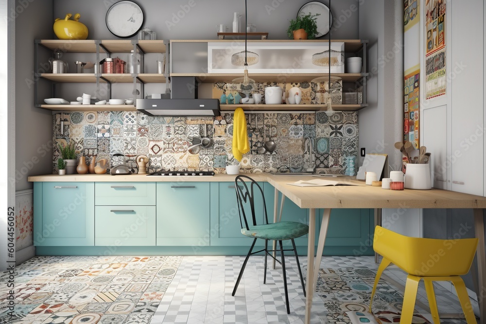 Kitchen mock up design with patchwork details, concept of Decorative ...