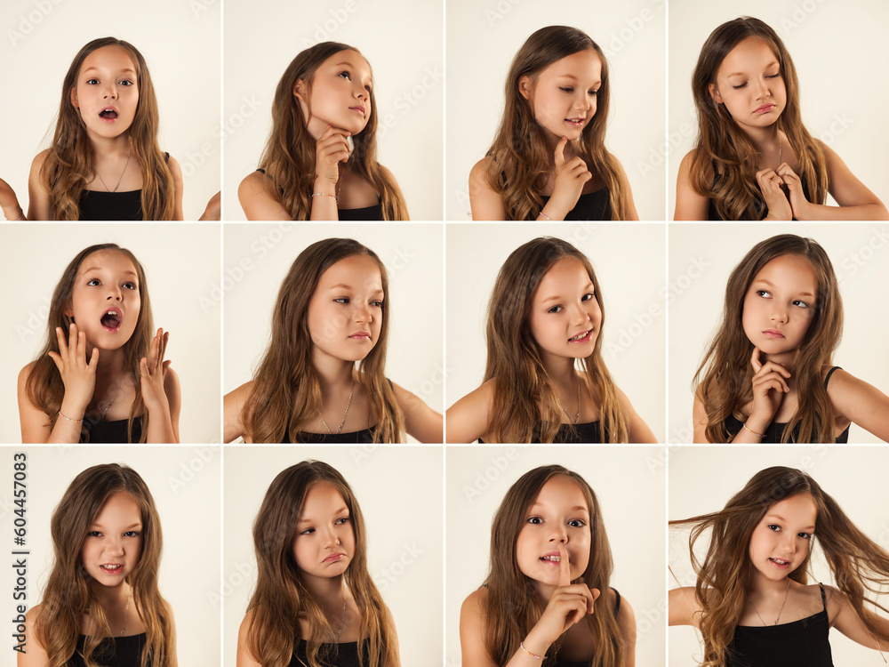 Collage set of shots with diverse facial expressions little girl ...