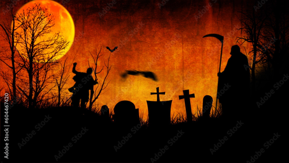 Haunted Graveyard Sunset features a silhouette of a graveyard with dead ...