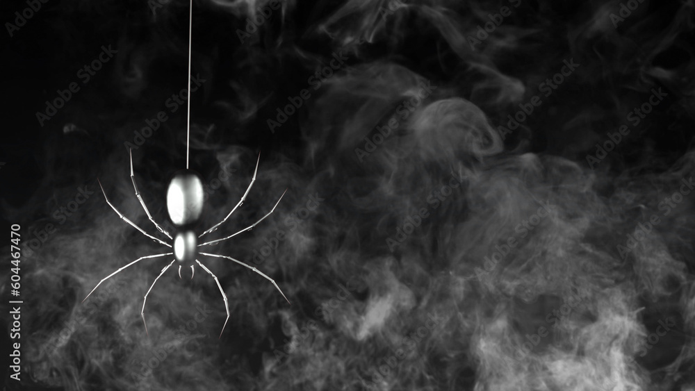 Metallic Spider Swinging on Web with Smoke features a metallic spider ...