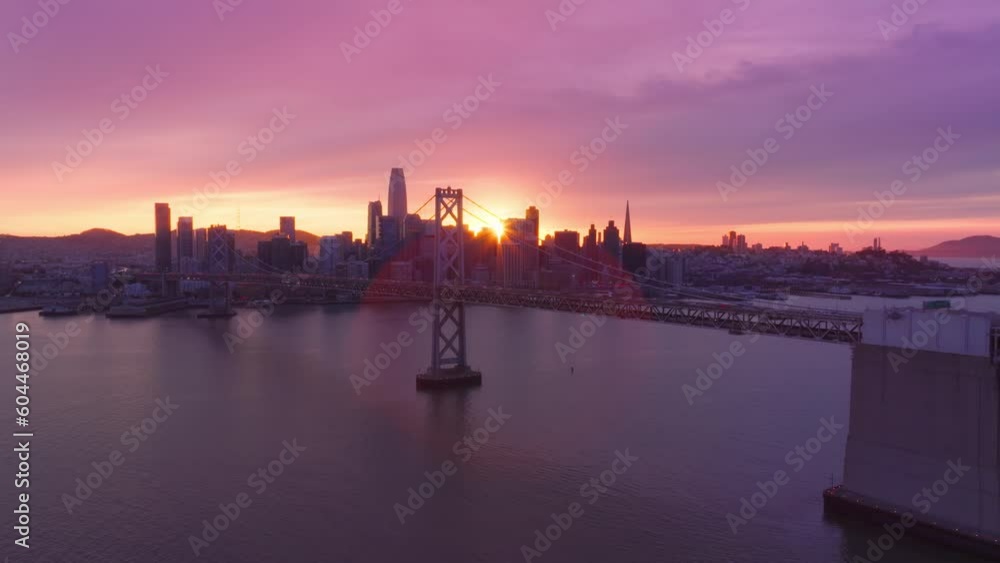 San Francisco City colorful sunset sky with dramatic pink golden sunset ...