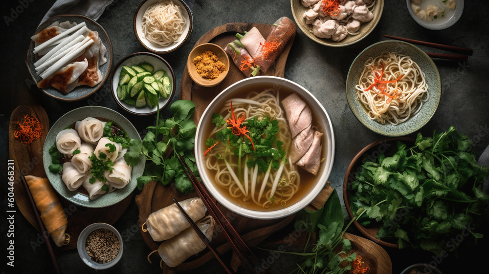 Assorted Asian dinner selection, Vietnamese food. Pho ga, pho bo ...