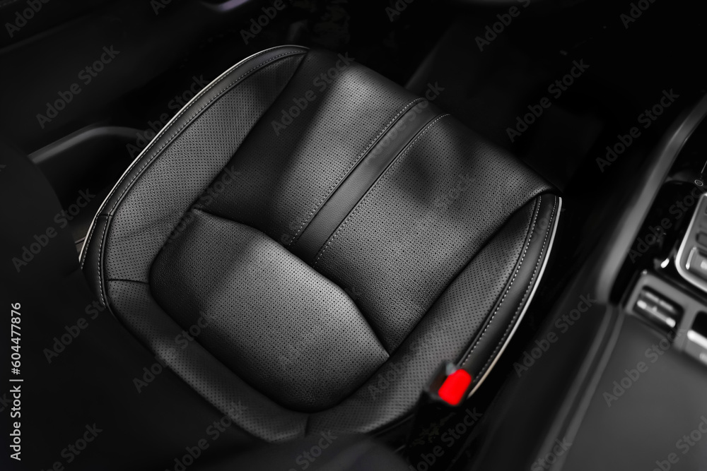 High angle view of luxury sport car front driver seat and leather ...