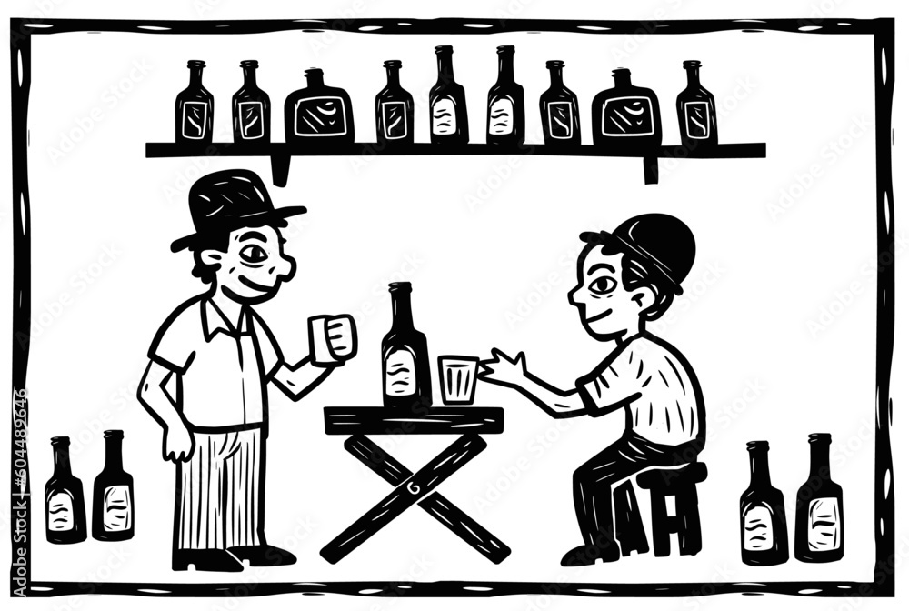Vetor de Countryside bar scene. Vector illustration in woodcut and ...