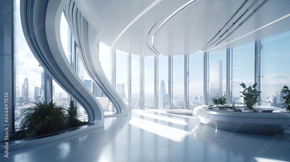 Interior of modern office building with streamline window and skyline ...