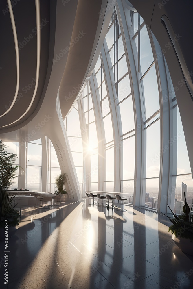 Interior of modern office building with streamline window and skyline ...