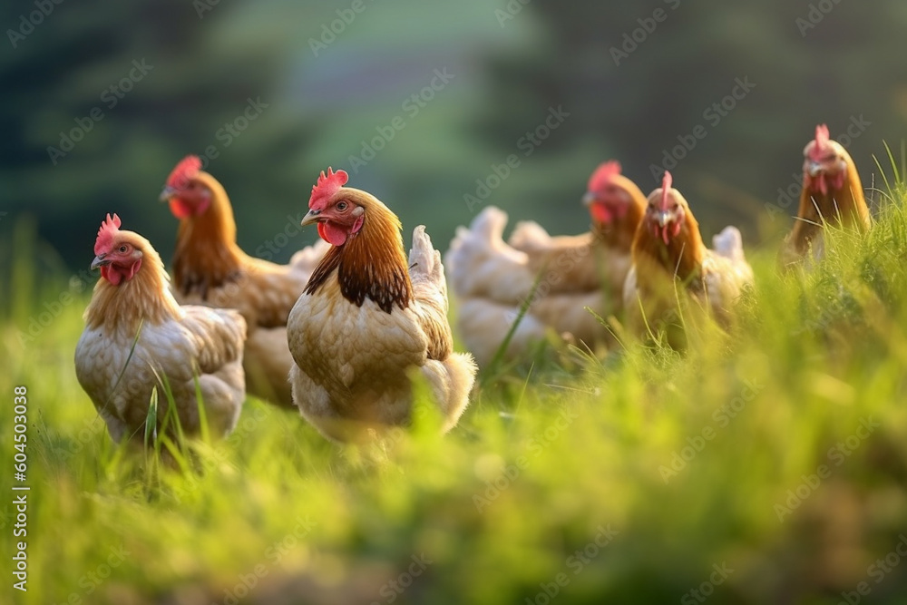 Flock of Chickens Hens on a Field, blurry background, Generative AI ...