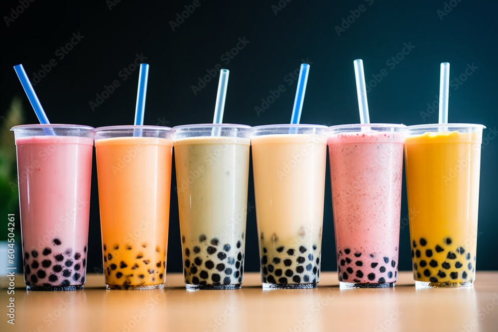 Different Flavored Variations of Bubble Boba Tea, a row of different ...