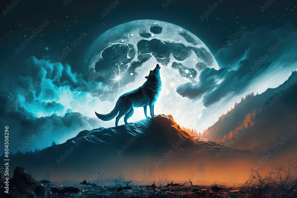 Digital illustration art painting a wolf howling in the wild, big fool ...
