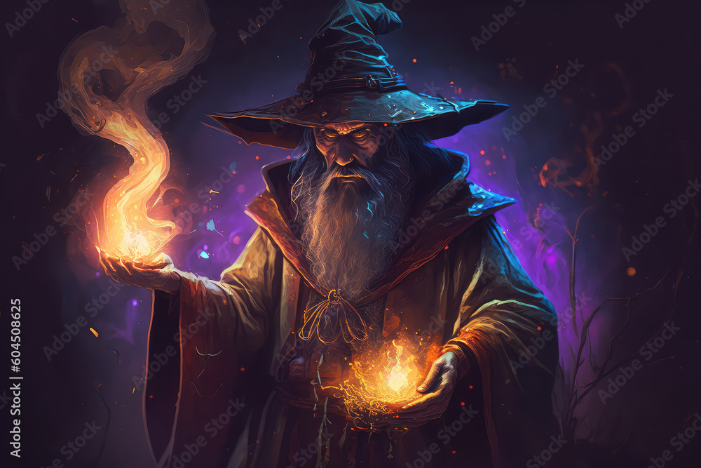 Wizard casting a spell against a fantasy concept art character (ai generated) Stock Illustration ...