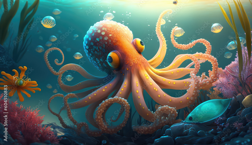 Image for 3d floor. Underwater world. Cartoons Octopus. corals. (ai ...